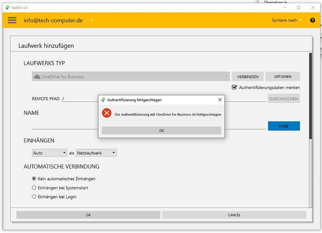 Netdrive connection onedrive failed - NetDrive3 - Bdrive Support Forum - NetDrive and CloudSync